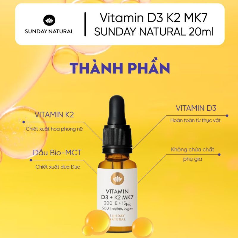 Vitamin D3 K2 MK7 Sunday Natural hỗ trợ tăng chiều cao cho bé, 20ml
