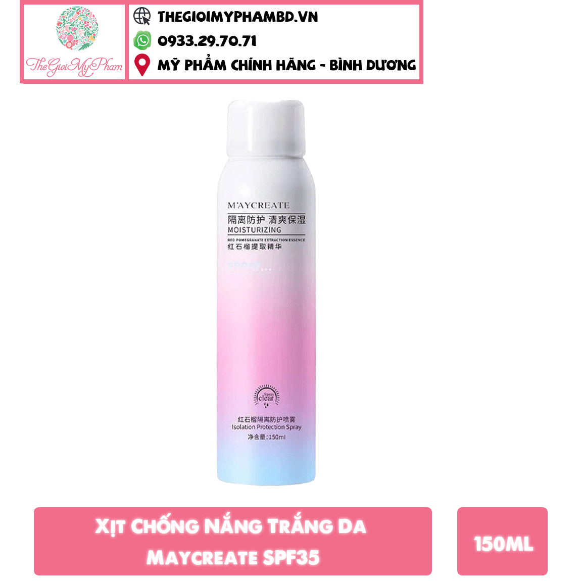 Xịt Chống Nắng Trắng Da Maycreate 150ml SPF35Xịt Chống Nắng Dưỡng Trắng ...