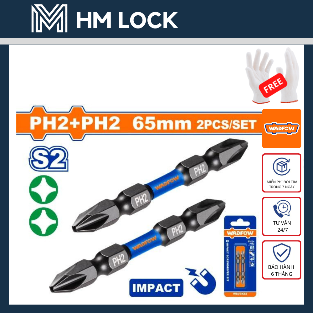BỘ 2 MŨI BẮT VÍT ĐÓNG 2 ĐẦU PH2+SL6 65MM WADFOW - HÀNG CHÍNH HÃNG - WS
