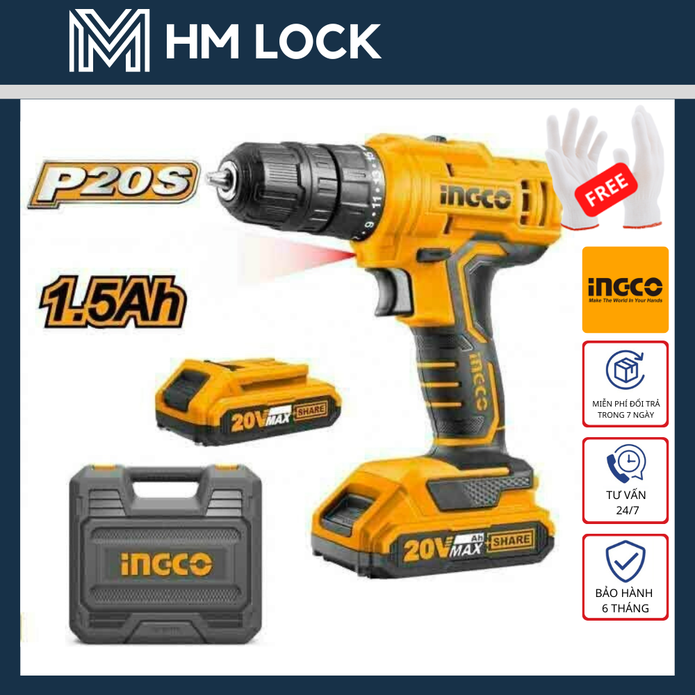 COMBO MÁY KHOAN DÙNG PIN 20V INGCO - KÈM 2 PIN VÀ 1 SẠC NHANH - HÀNG C