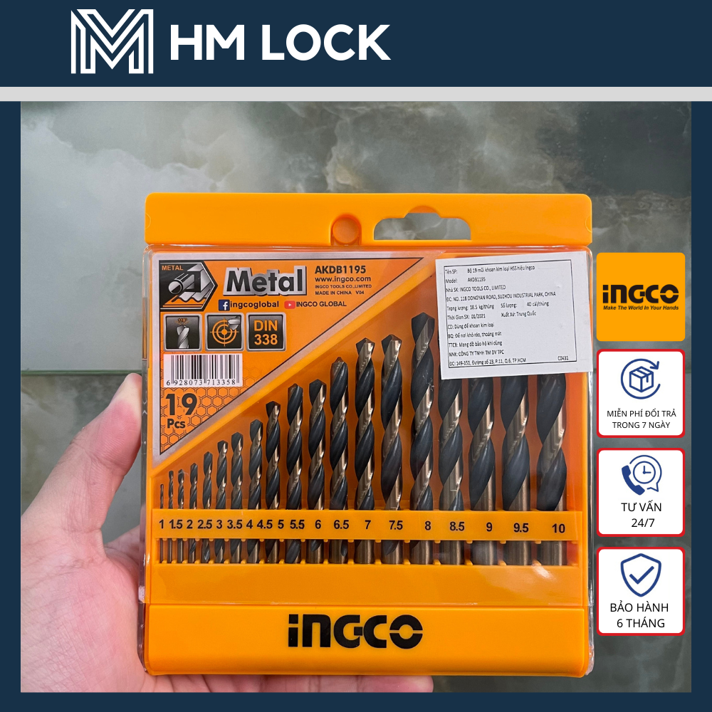 BỘ 19 MŨI KHOAN KIM LOẠI HSS 1-10MM INGCO - HÀNG CHÍNH HÃNG - AKDB1195