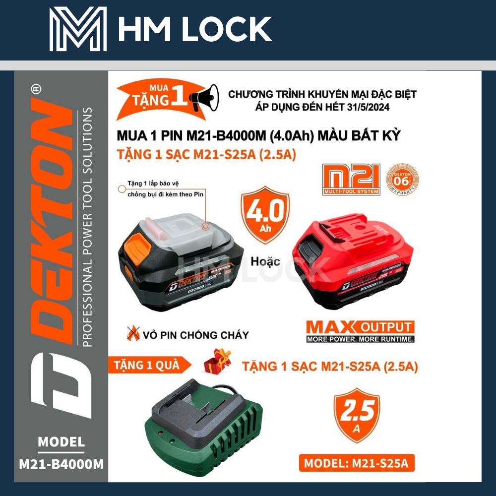 PIN DEKTON 21V / 4.0AH M21-B4000M - CHÂN PIN PHỔ THÔNG - VỎ PIN CHỐNG