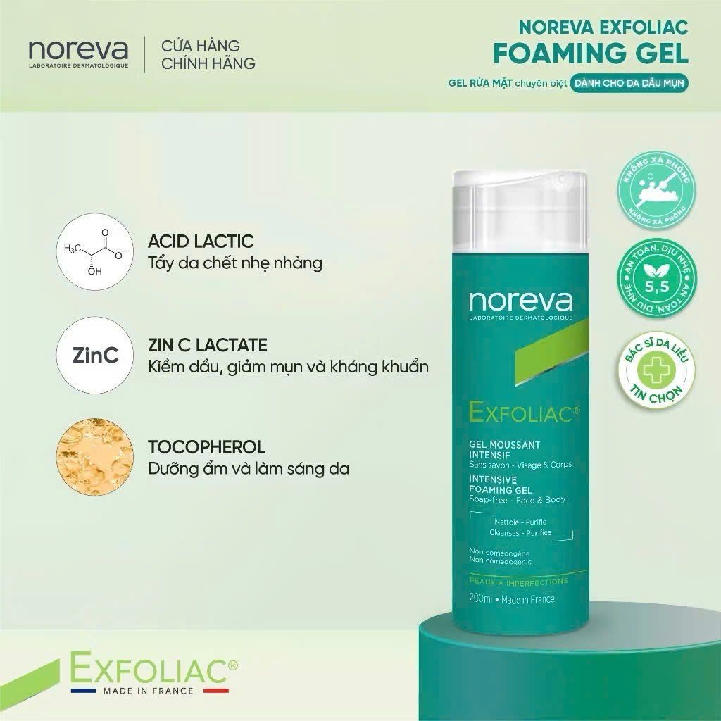 Combo Noreva Gel rửa mặt dành cho da dầu mụn Exfoliac 200ml và Son dưỡ ...
