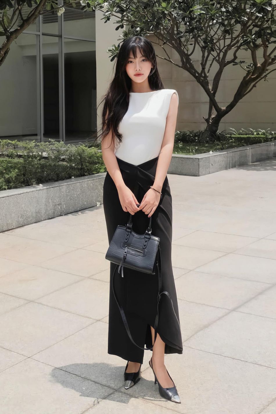 Cho thuê set áo trắng kết hợp chân váy đen dài CHATS – Hizu Dress Up