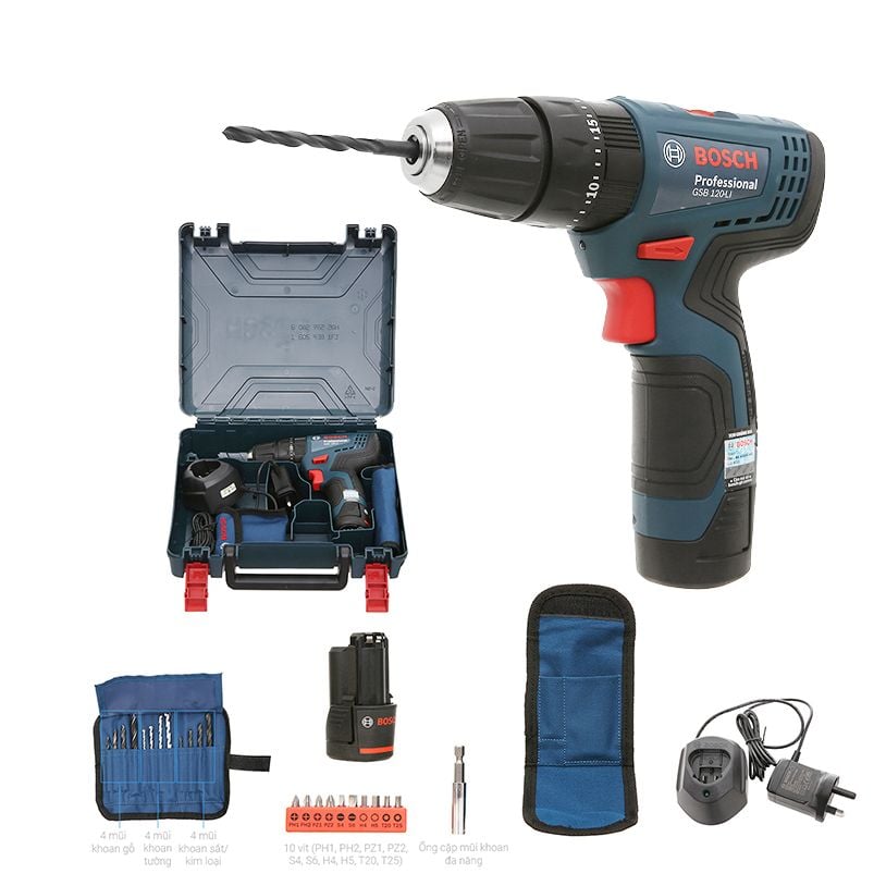 Máy khoan động lực dùng pin Bosch GSB 120-LI GEN II (1 pin + sạc 3 chấ