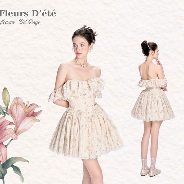 Bel Ange - Đầm hoa nhí bẹt vai phối ren Miranda – BEL ANGE