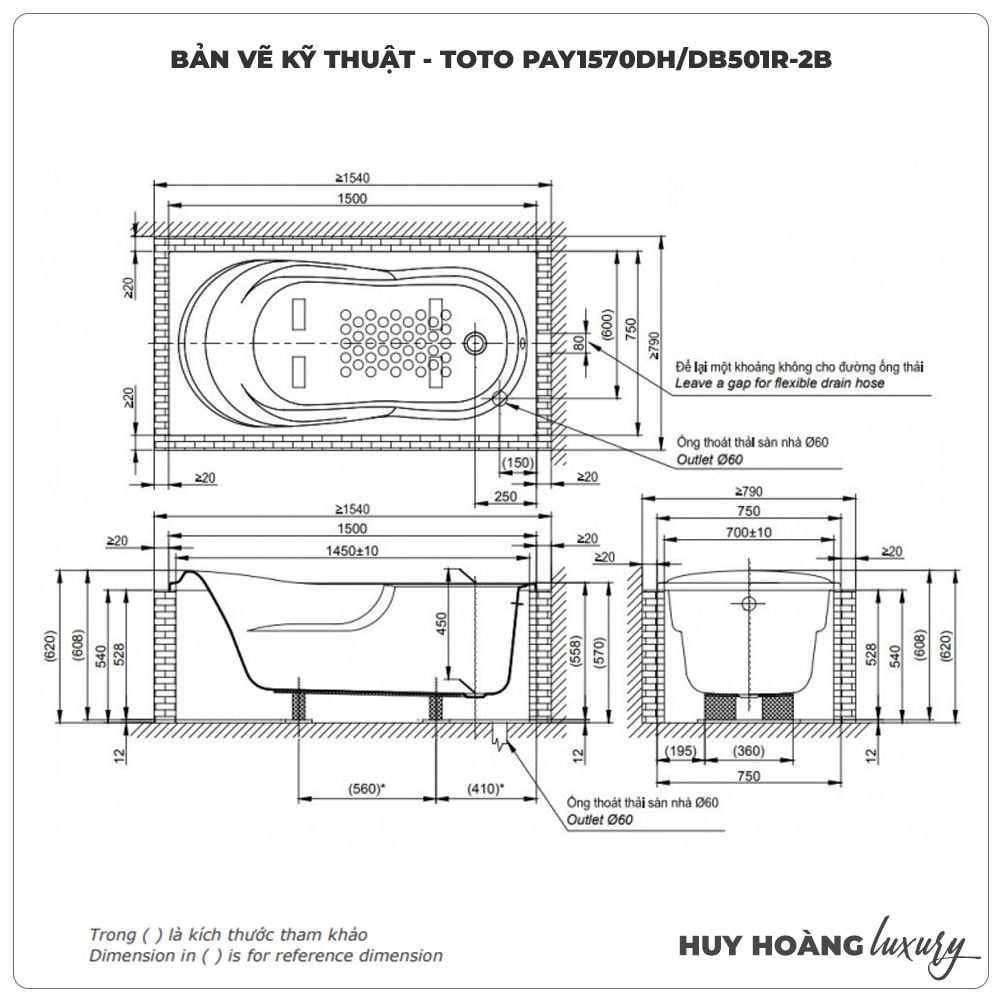 Bồn tắm xây TOTO PAY1570DH/DB501R-2B (1.5M) | HUY HOÀNG LUXURY