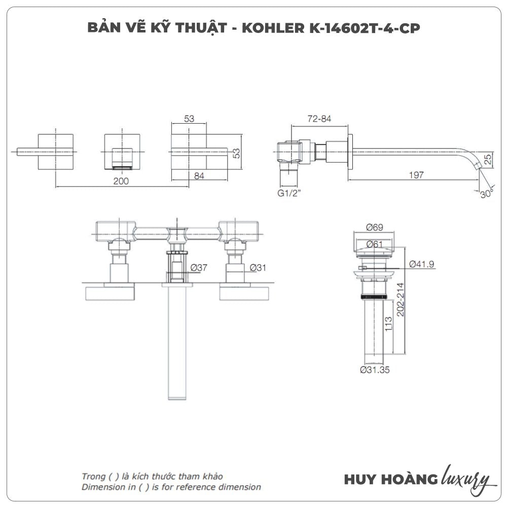 Vòi chậu rửa mặt gắn tường KOHLER Loure K-14602T-4-CP - Chính hãng 100