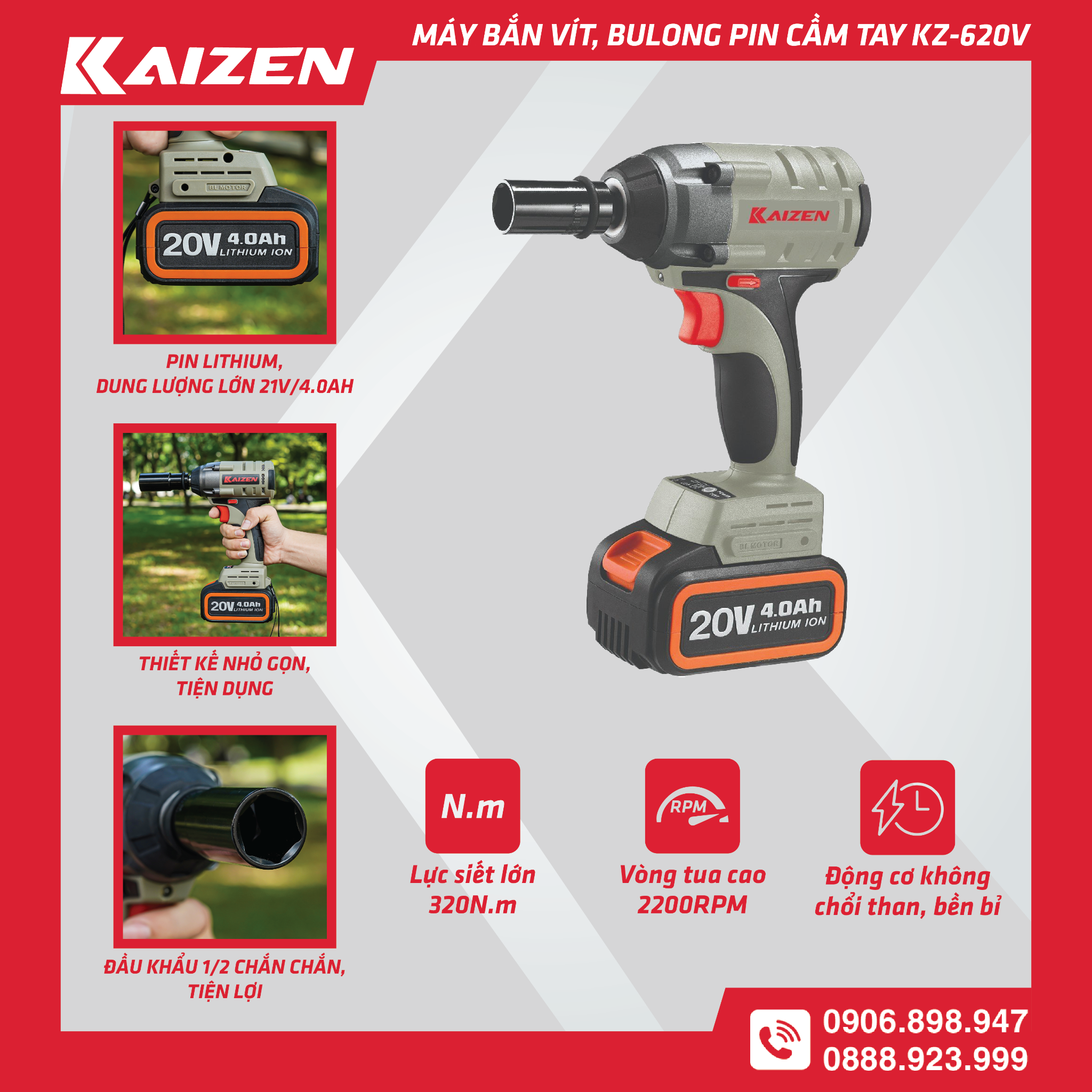 MÁY SIẾT BULONG KÈM BẮT VÍT KAIZEN, MOTOR KHÔNG CHỔI THAN KZ-620V – Kaizenpowertools.vn