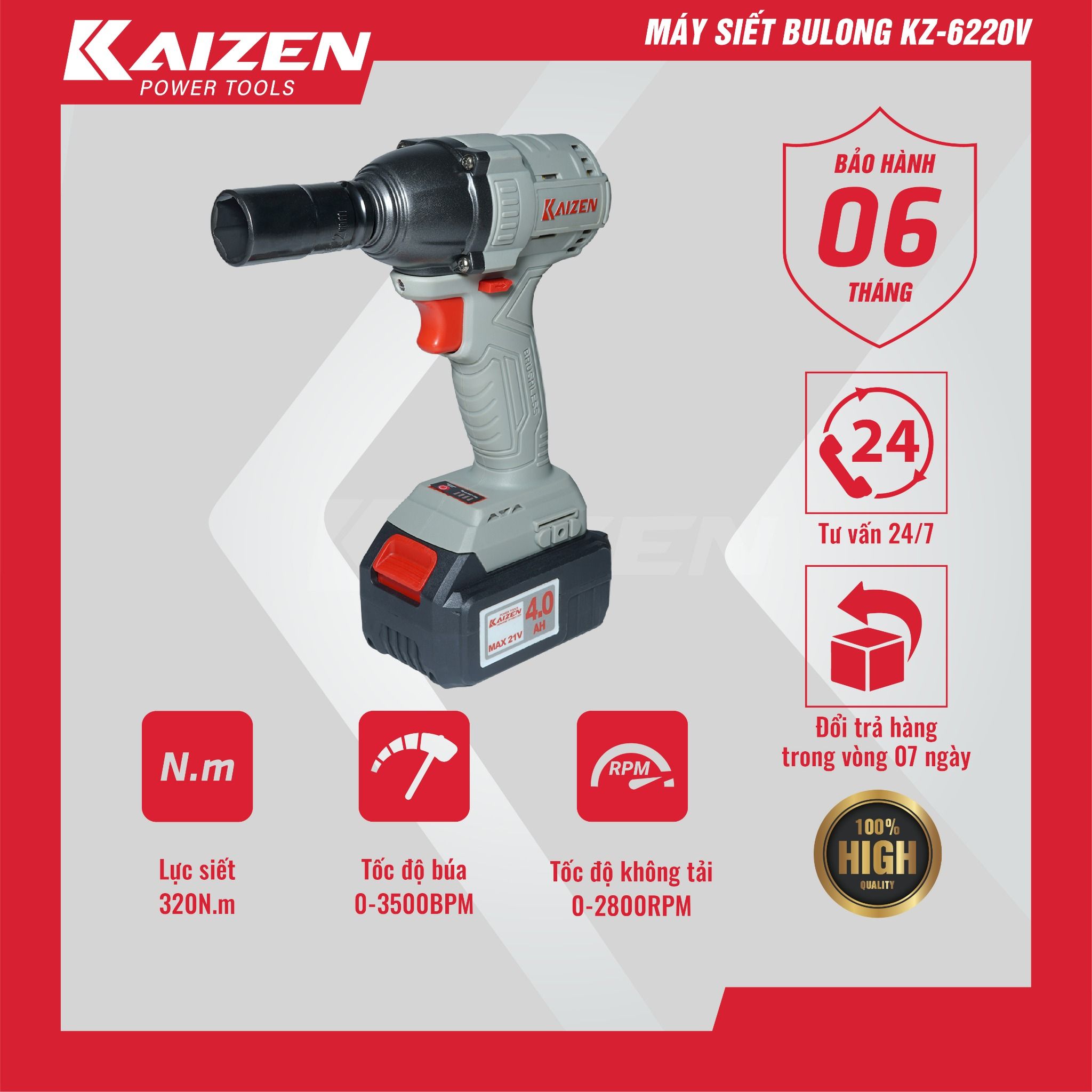 MÁY SIẾT BULONG KAIZEN MOTOR KHÔNG CHỔI THAN KZ-6220V – Kaizenpowertools.vn