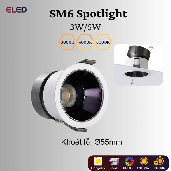 Đèn Led âm trần ELED SM6 Spotlight chip COB xoay góc, khoét lỗ 55mm ch – Công ty TNHH công nghệ ...