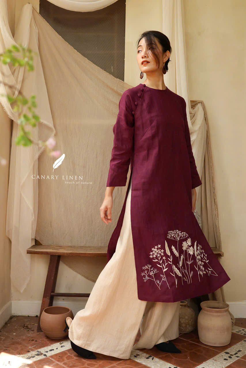 Áo dài cổ tròn Vân Trà V2 – CANARY LINEN