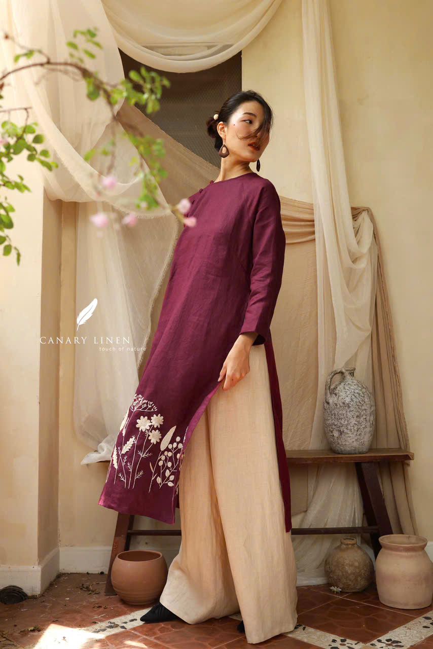 Áo dài cổ tròn Vân Trà V2 – CANARY LINEN