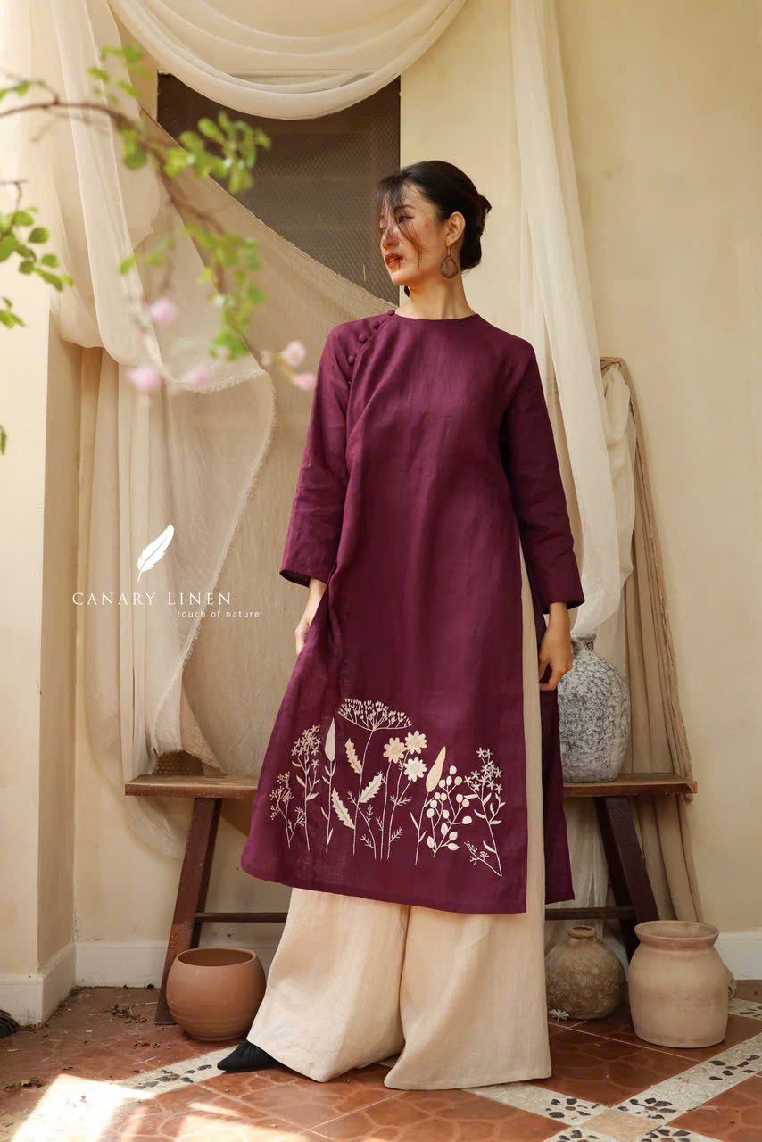 Áo dài cổ tròn Vân Trà V2 – CANARY LINEN