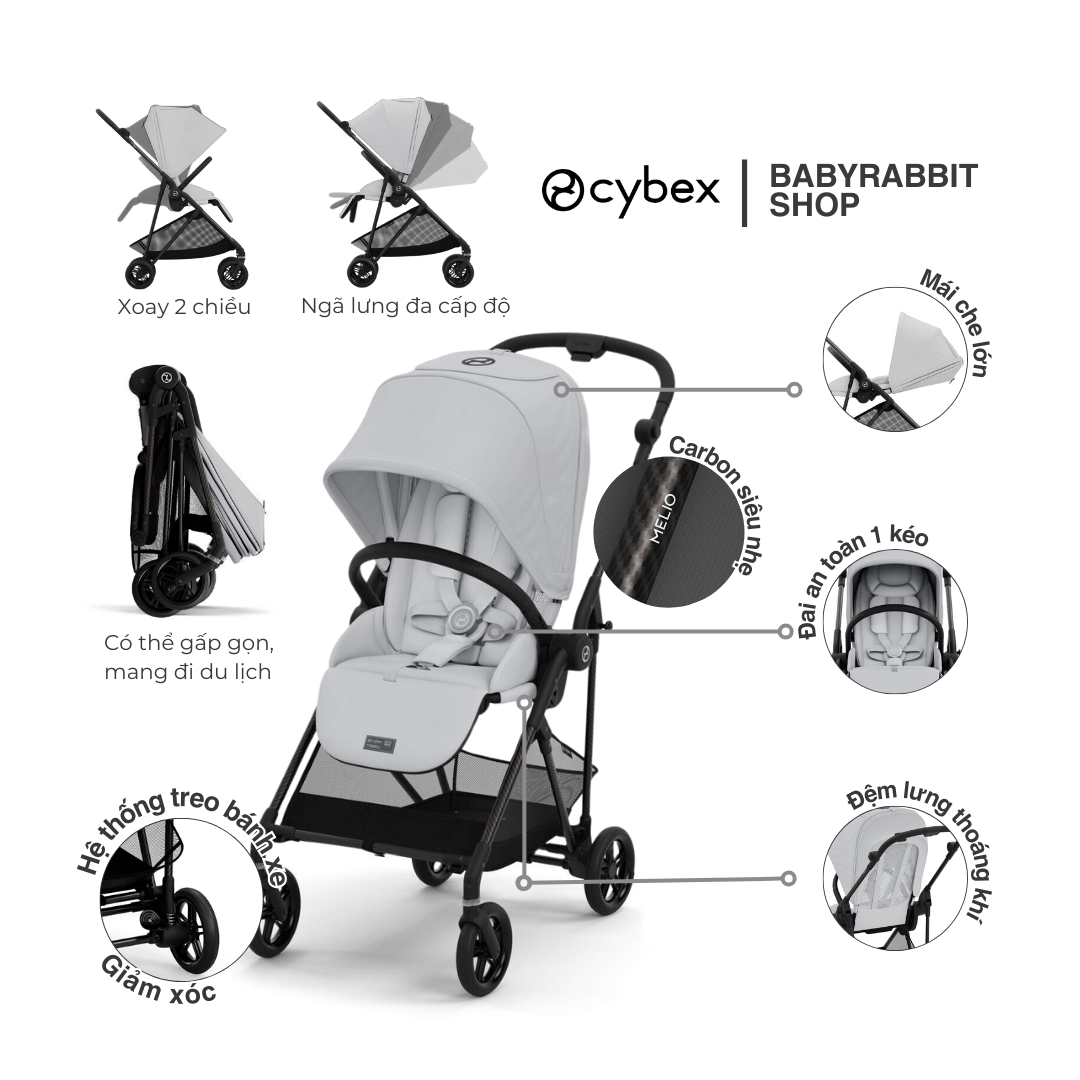 XE ĐẨY GẤP GỌN CYBEX MELIO carbon 3 Fog Grey - Baby Rabbit Shop