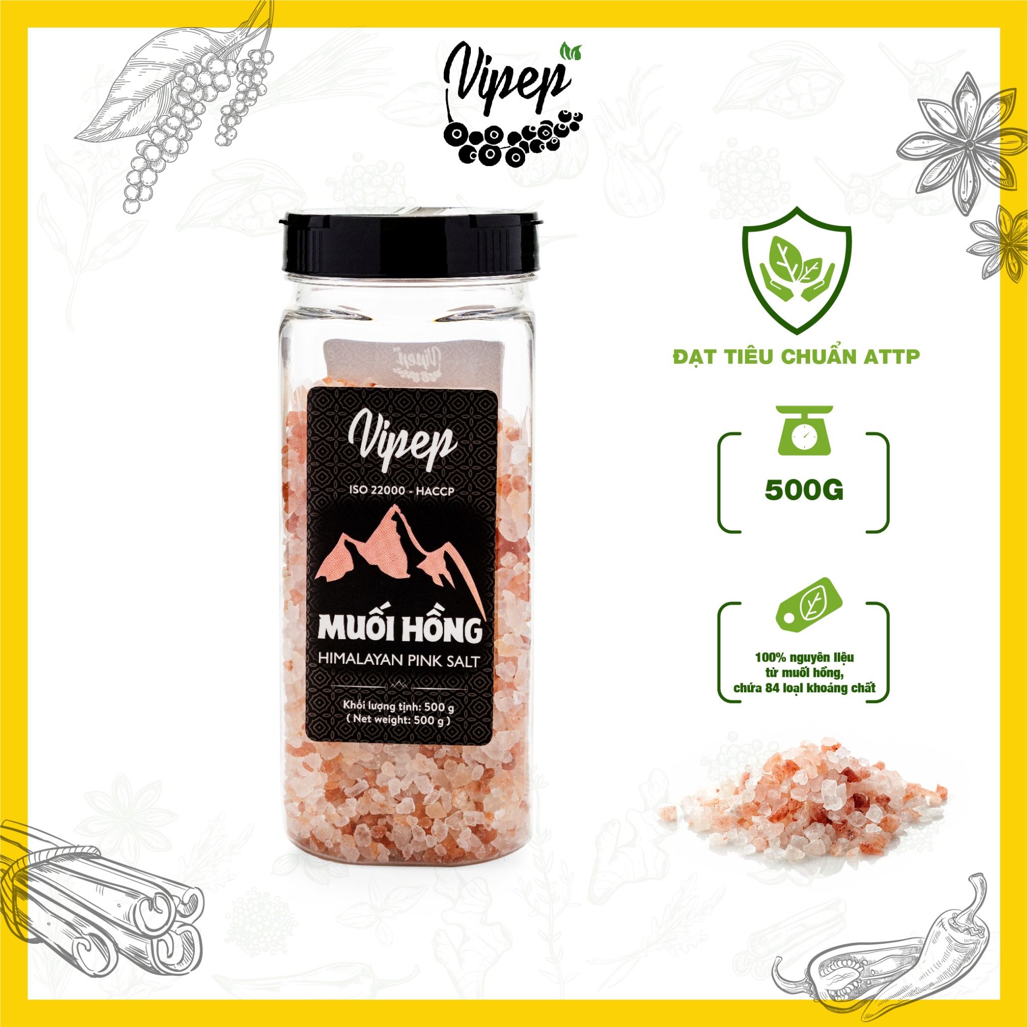 Muối Hồng Himalaya Nguyên Hạt Vipep Hũ Nhựa 500g – GIA VỊ VIPEP