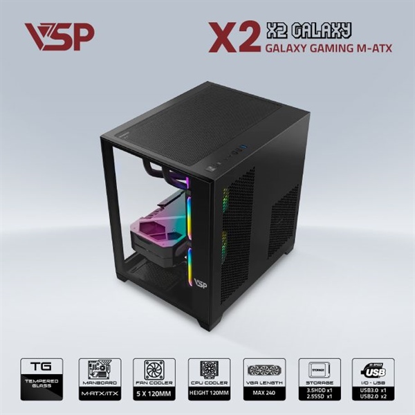 Thùng Case VSP X2 AQUANAUT GALAXY GAMING M-ATX ĐEN NEW