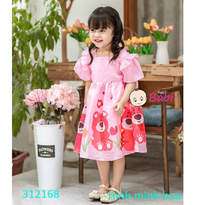 Đầm Tơ Tay Phồng In Gấu Dâu Dễ Thương (11kg-42kg) – Babi.vn