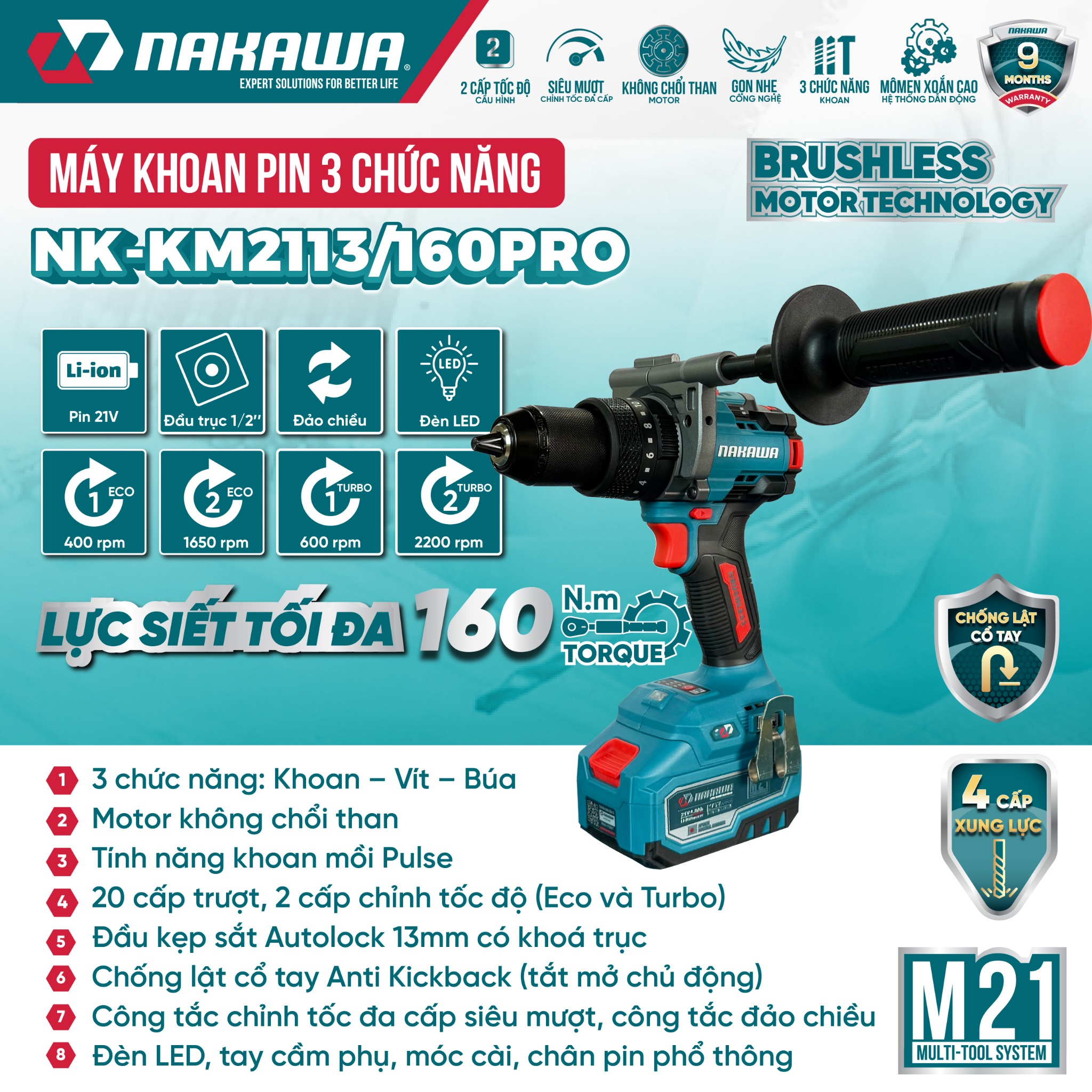 Máy khoan pin 3 chức năng NAKAWA NK-KM2113/160PRO