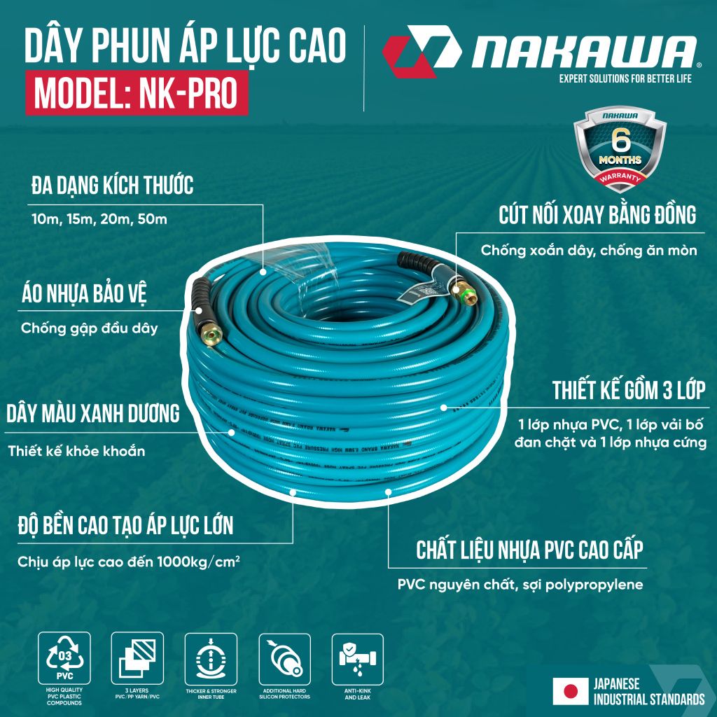 Dây phun áp lực cao NAKAWA NK-PRO (các kích thước 10, 15, 20, 50m)