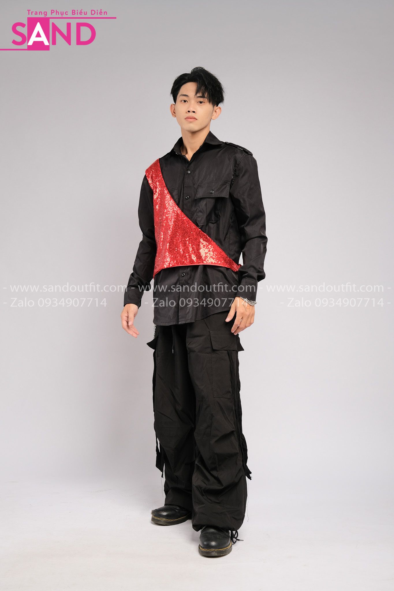Outfit Phối Sẵn Quần Nắp Ngang Đen Phối Đai Kim Sa Đỏ Sand Outfit