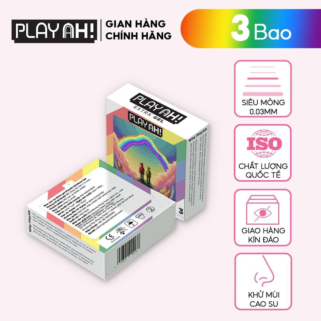 Bao Cao Su PlayAh Rainbow Gel 003 size 52mm siêu mỏng, nhiều gel