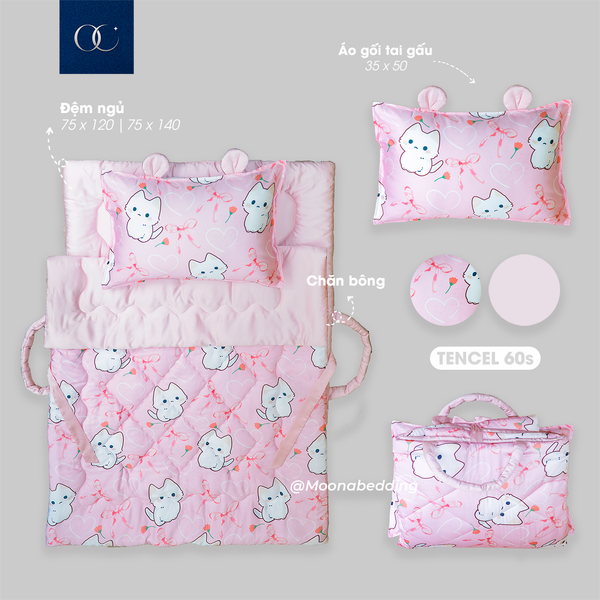 Bộ chăn drap gối gấp gọn 5 trong 1 cho bé Ribbon Meow – HONG LAC INTERIOR