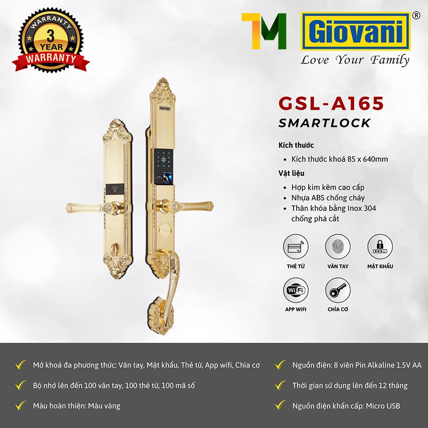 Khóa cửa điện tử thông minh cao cấp Giovani GSL-A165 - Khóa đại sảnh c