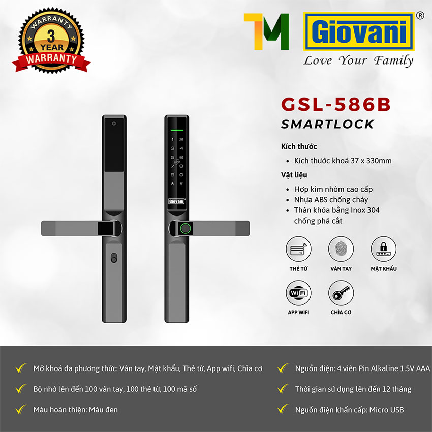 Khóa điện tử cao cấp Giovani GSL-586B/G - Khóa cửa nhôm, sắt, inox