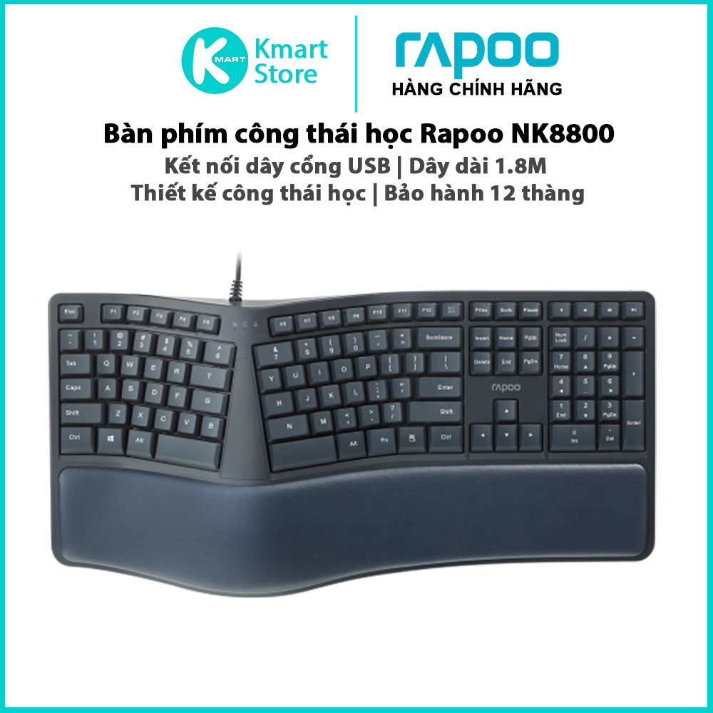 [Không hộp] Bàn phím công thái học Rapoo NK8800 | Kết nối có dây cổng USB | Có đệm tựa tay | Bảo ...
