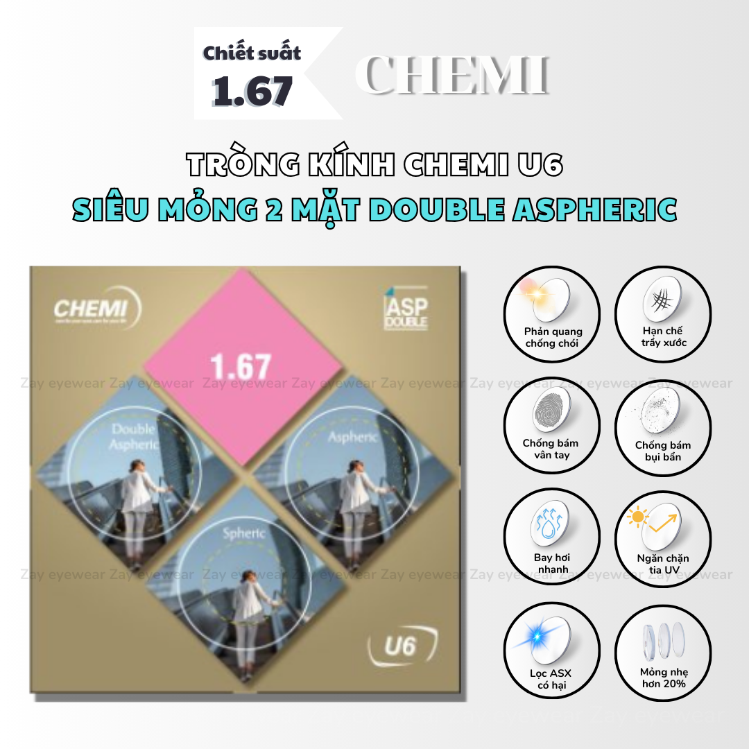 Tròng kính Siêu mỏng 2 mặt Chống ánh sáng xanh Chemi 1.67 1.74 U6 Doub – Kính mắt Zay