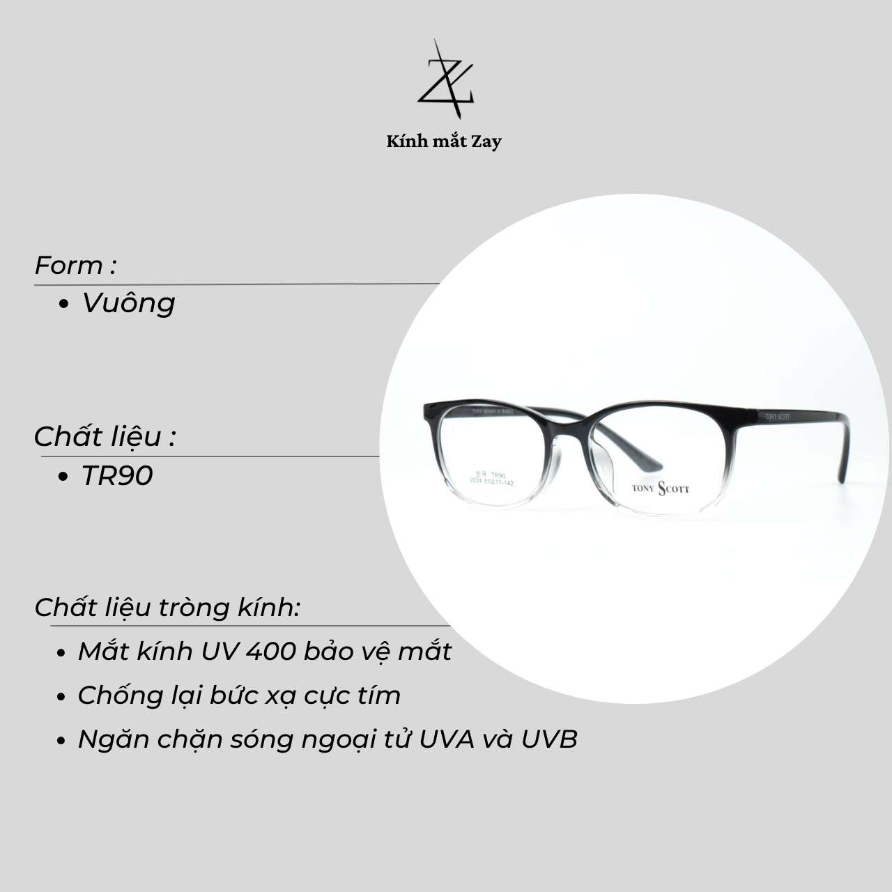 Gọng kính Tony Scott 2024 dáng vuông nhựa TR90 dẻo fullbox chính hãng – Kính mắt Zay