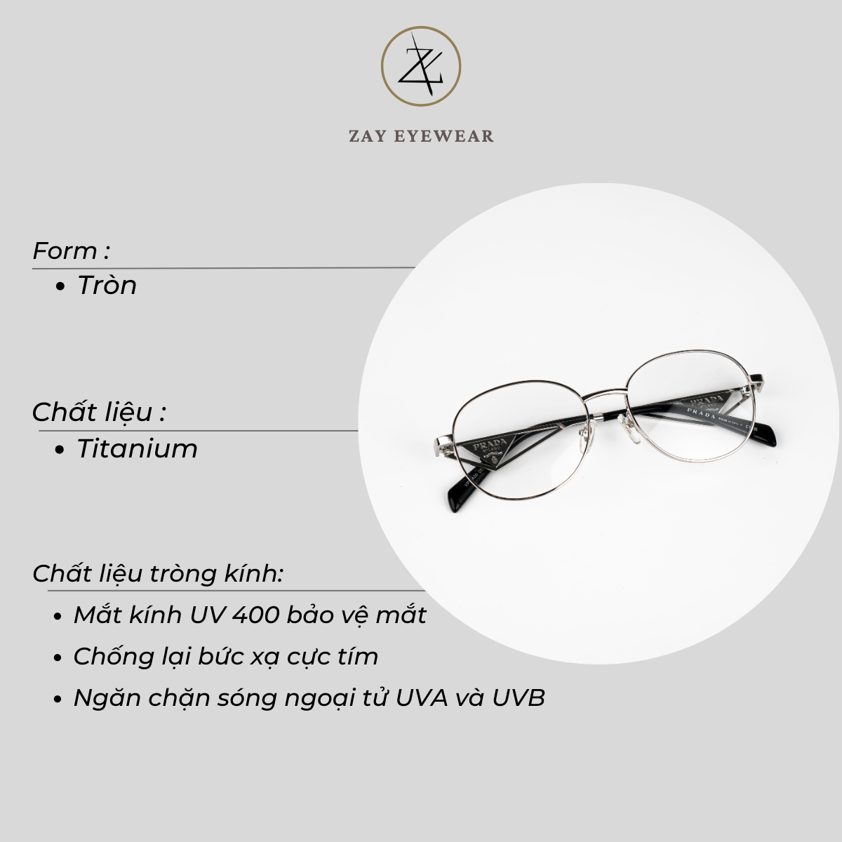 Gọng kính Prada VPR A50 dáng tròn kim loại cao cấp fullbox – Kính mắt Zay