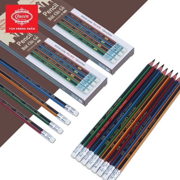 Bút chì 2B Queen (Nữ Hoàng) - 1 Hộp (12 Cây) - Màu Sọc Đỏ/Xanh Lá/Vàng