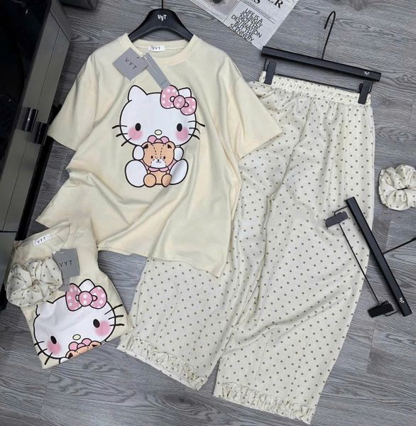 Set 3m áo hello kitty mix quần suông phối bèo chấm bi kèm buộc tóc - V ...