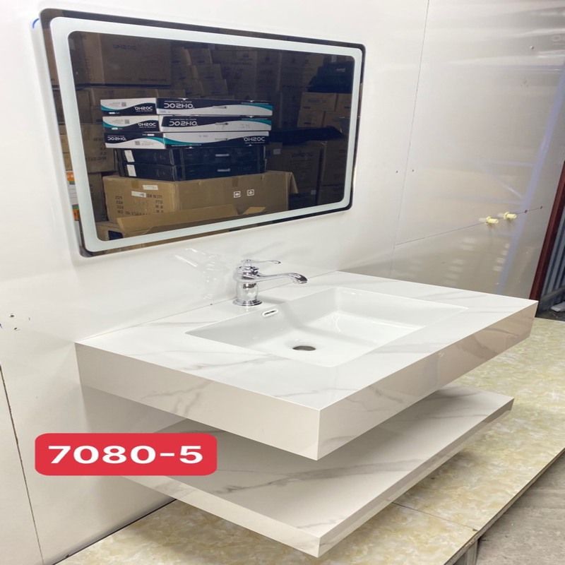 Bàn đá lavabo tràn viền hai tầng kèm gương Dosho – DOSHO