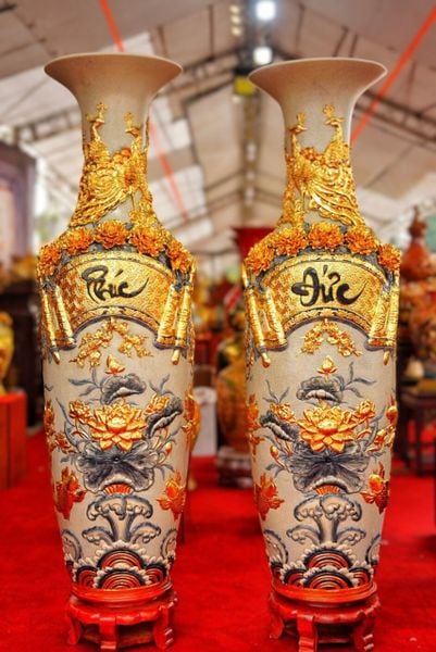 Quà Tặng Bố Lục Bình Bát Tràng cao cấp dát vàng Phúc Đức Sen Cá nền rạ ...