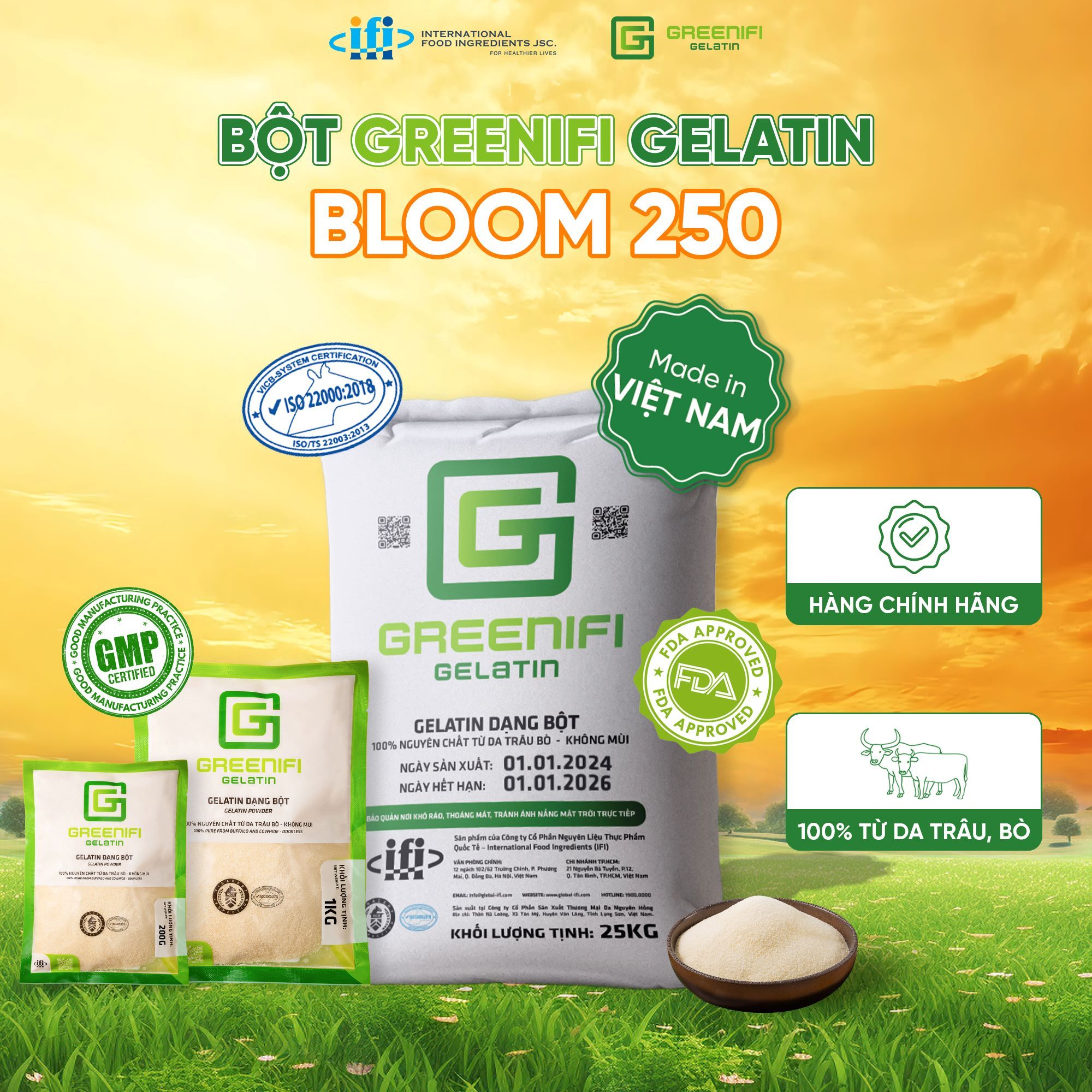 Bột Greenifi Gelatin Cao Cấp - Bloom 250 – International Food Ingredients (IFI)