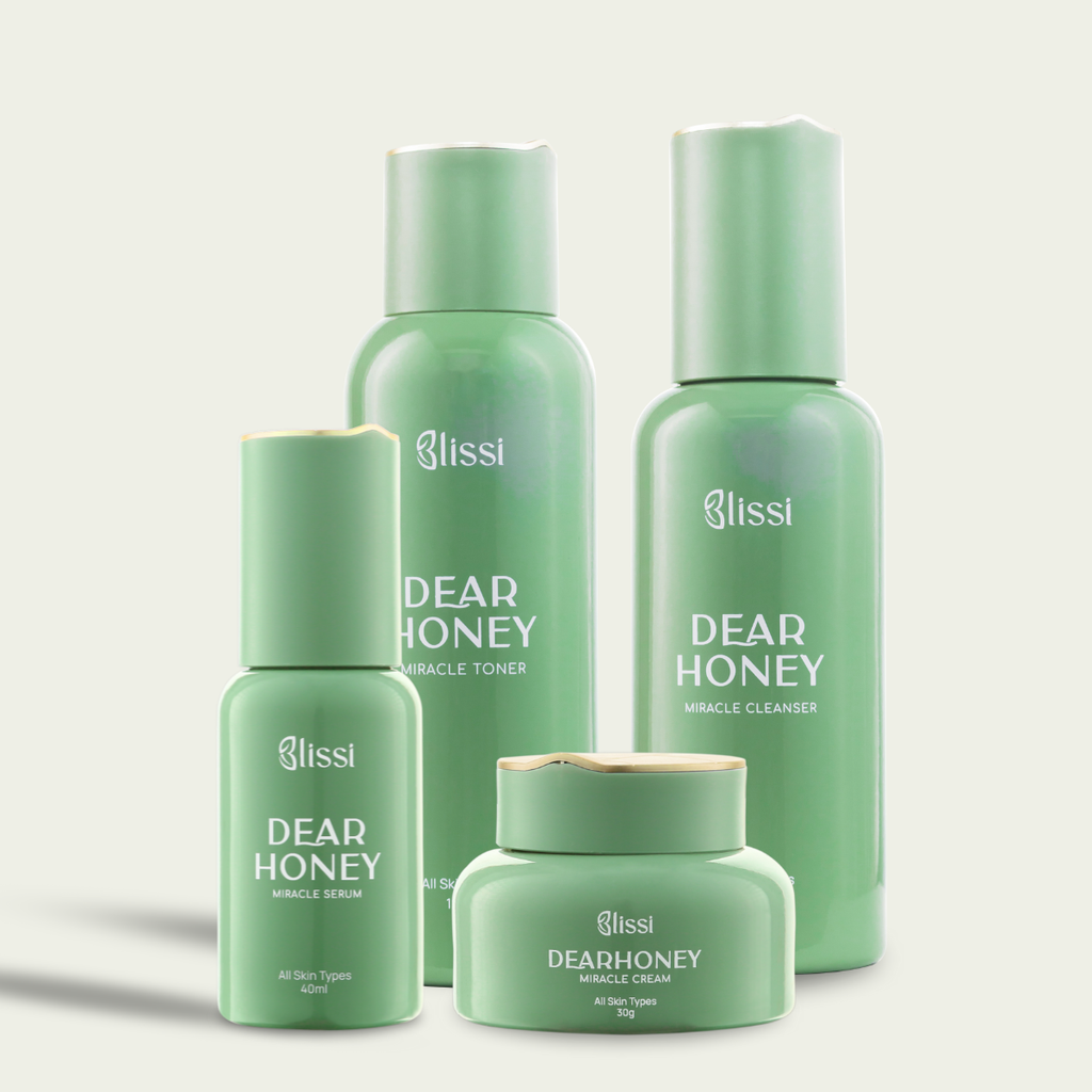 Bộ sản phẩm chăm sóc da Dear Honey gồm Sữa rửa mặt, Toner, Serum và ke