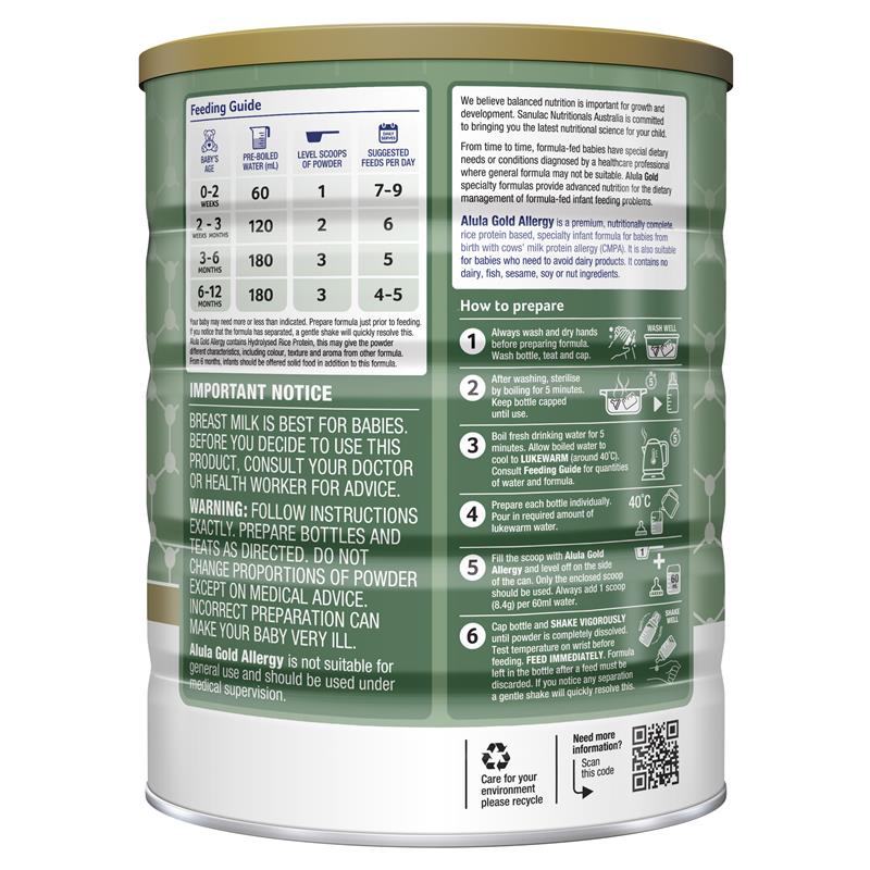 Alula Gold Allergy Rice Infant Formula 0-12 Months 800g