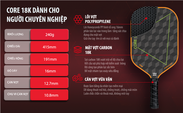 Vợt Pickleball CORE 18K dành cho Người chuyên nghiệp – Maxvi
