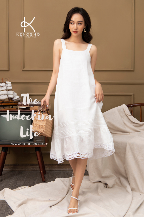 K119 Đầm LINEN Trắng Hai Dây Đuôi Cá Mix Ren - Đẹp Quyến Rũ | KENOSHO – Kenosho