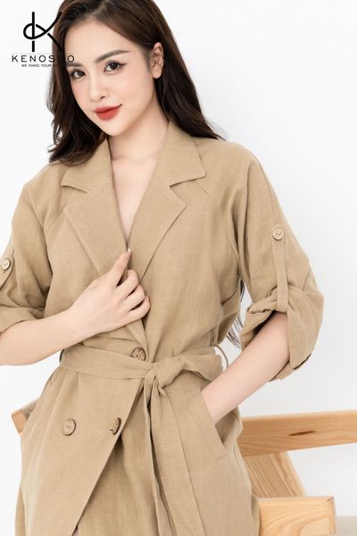 K310 Áo Măng Tô Nữ Đũi Hàn Mềm Dáng Chữ A Cổ Vest Nâu Be | KENOSHO – Kenosho