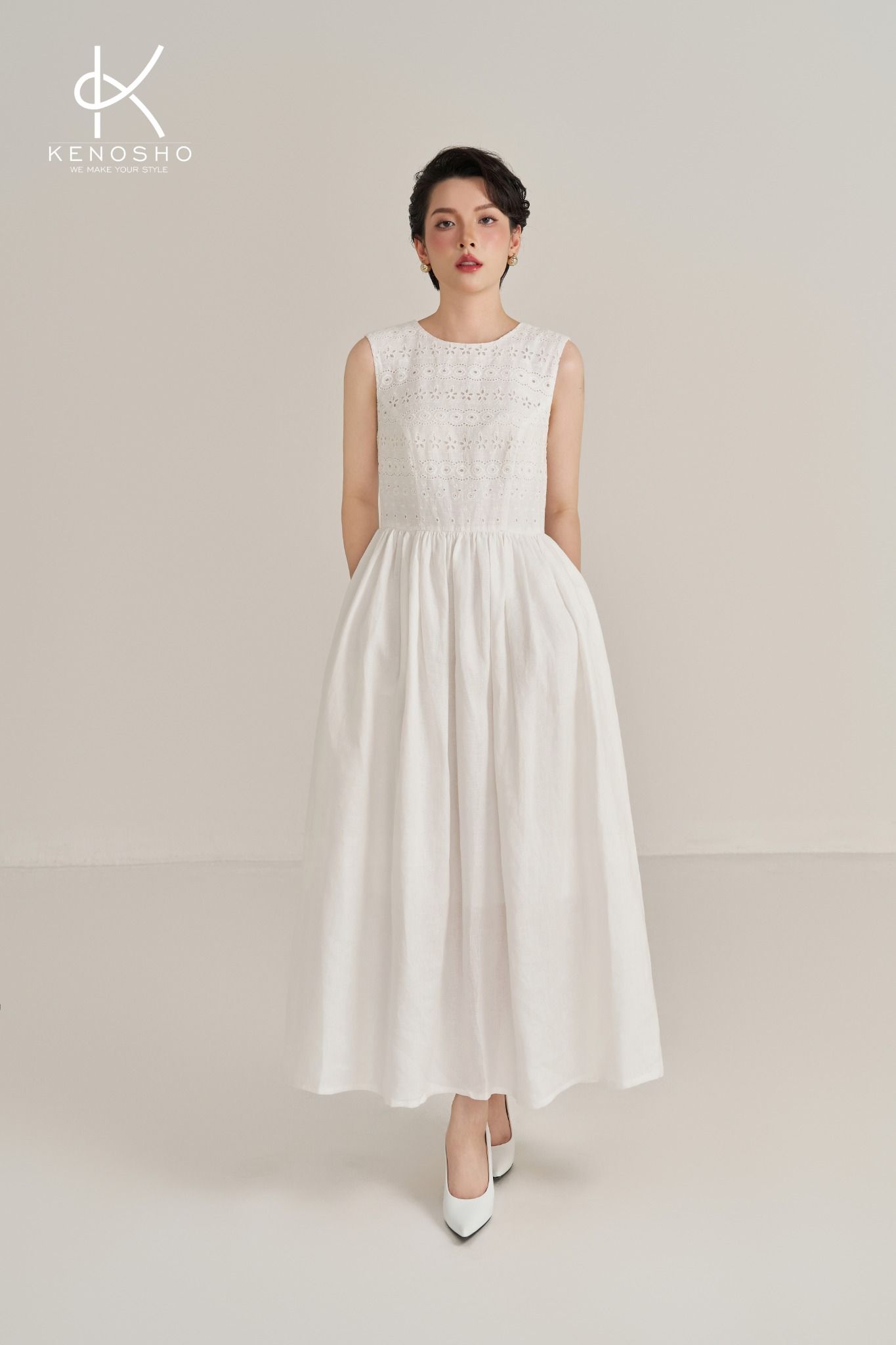 K478 - Váy Linen Sát Nách Suông Trắng, Thêu Ren Ở Ngực | KENOSHO – Kenosho