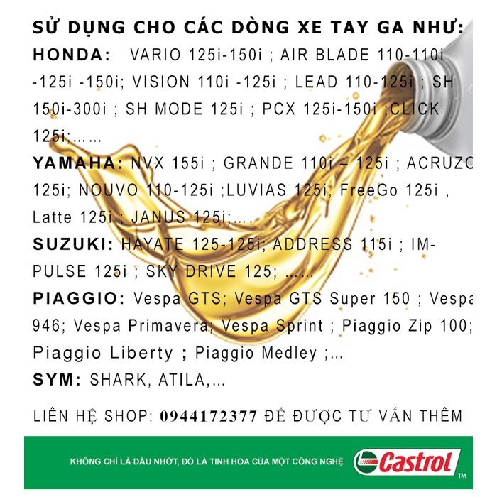 Combo (0.8L) Dầu nhớt xe tay ga Castrol Activ Scooter 10W40 + Nhớt Lap ...