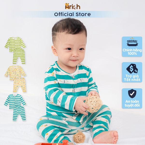 Bộ dài tay cài thẳng Arich vải sợi tre mềm mát, an toàn, phối sọc họa