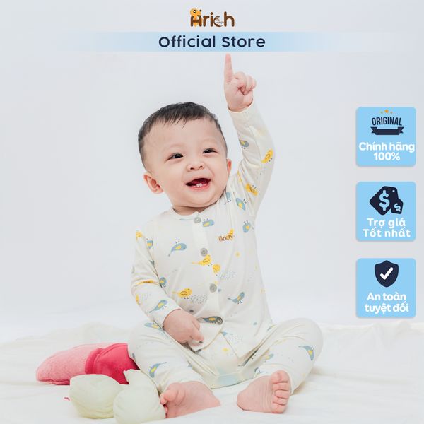 Bộ quần áo dài cài thẳng Arich, vải sợi tre mềm mát,phối họa tiết cho