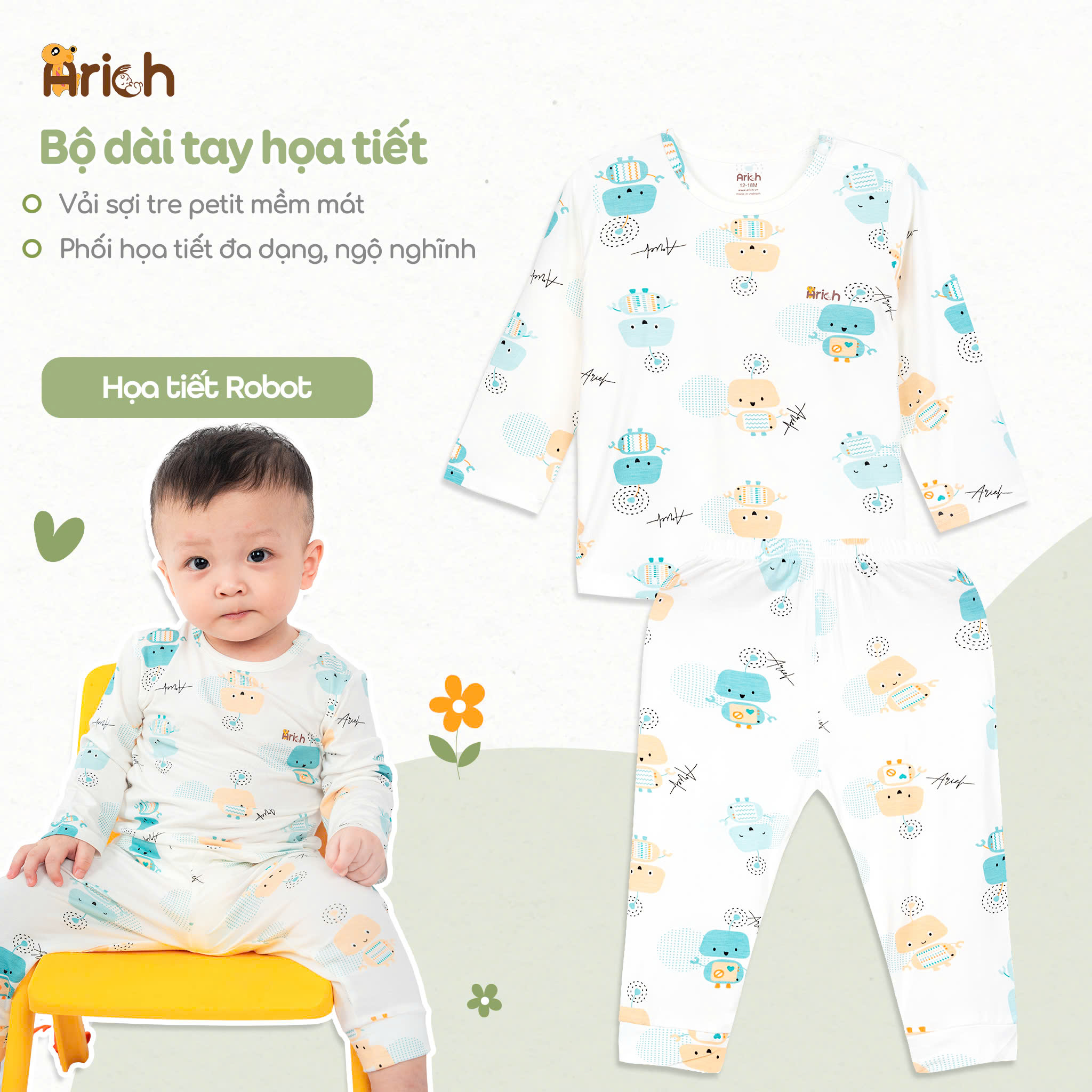 Bộ dài tay cài vai phối họa tiết Arich vải sợi tre Petit ARA327
