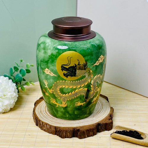 Hộp chè men xanh lục Bát Tràng họa tiết rồng vẽ vàng – Siêu thị Bảo Khánh