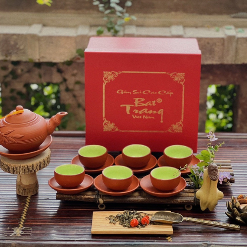 Ấm chén tử sa Bát Tràng Bộ dáng tre nâu đỏ lòng xanh kèm hộp, sen nến ...